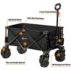 Portal Folding Collapsible Beach Wagon Utility Outdoor Camping Cart with 8" Big Wheels & Adjustable Handle, Large Capacity Foldable Grocery Wagon for Garden Beach Wagon, Black