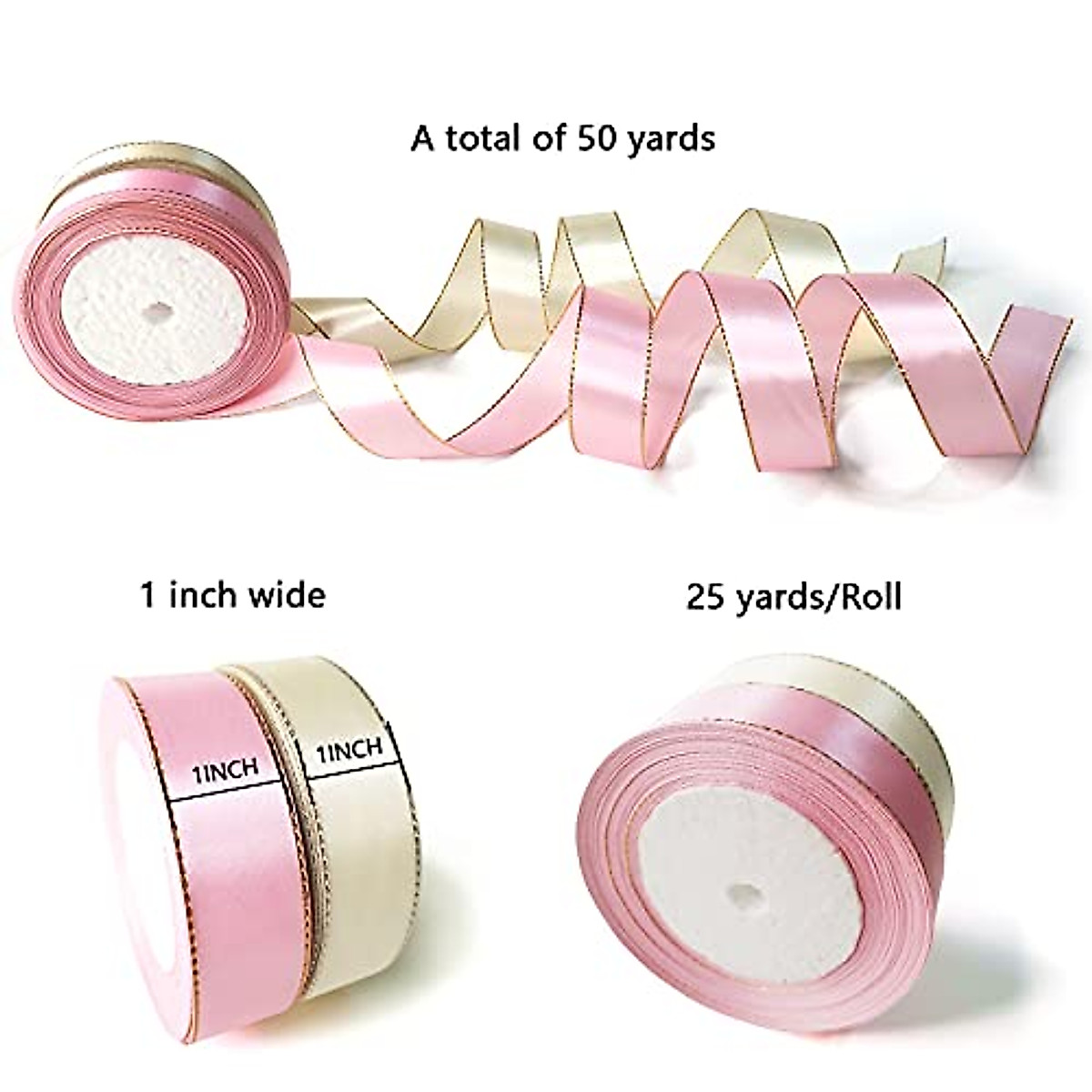 Pink & Ivory Satin Ribbon with Gold Edges, for Gift Wrapping Holiday Wedding Birthday Graduation Party Christmas Decoration,1“ Wide 25 Yard X 2 Rolls , Crafts Floral DIY Bags Bows White Ribbon