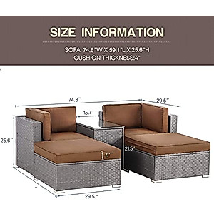 Oakmont 5 Pieces Patio Furniture Sectional Set Outdoor All-Weather PE Rattan Wicker Lawn Conversation Sets Cushioned Garden Sofa Set with Glass Coffee Table(Brown)