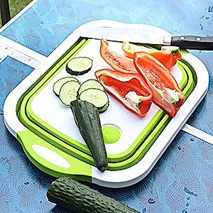 QiMH Collapsible Cutting Board - Portable Washing Veggies Fruits Food Grade Camping Sink (8.5Quart) with Draining Plug - Foldable Multi-function Kitchen Plastic Silicone Basin(Knife Included)