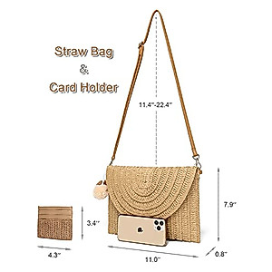 YIKOEE Straw Bag and Card Holder Set for Women Summer Beach Purse Woven Bag With PomPom
