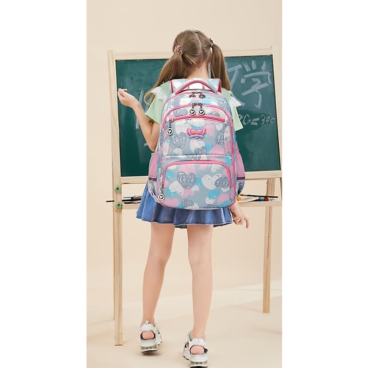 ETAISHOW Girls Heart-Print Backpack for School Elementary Kids School Bag Waterproof Bookbag Lightweight