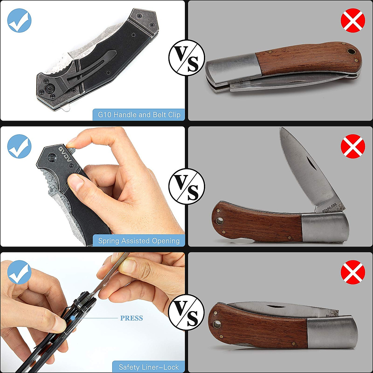 GVDV Damascus Steel Pocket Knife with G10 Handle, Handmade Folding Knife with Leather Sheath for Camping Survival, Knives for Men Dad Husband (Black)