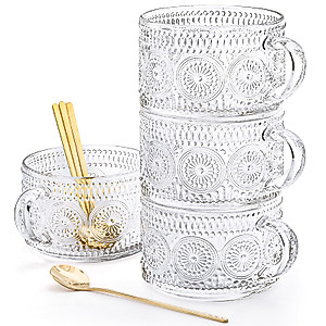 Kingrol 4 Pack 13 Ounces Glass Coffee Mugs with Spoons, Stackable Tea Cups, Vintage Drinking Glassware for Water, Milk, Iced Coffee, Beverage, Dessert