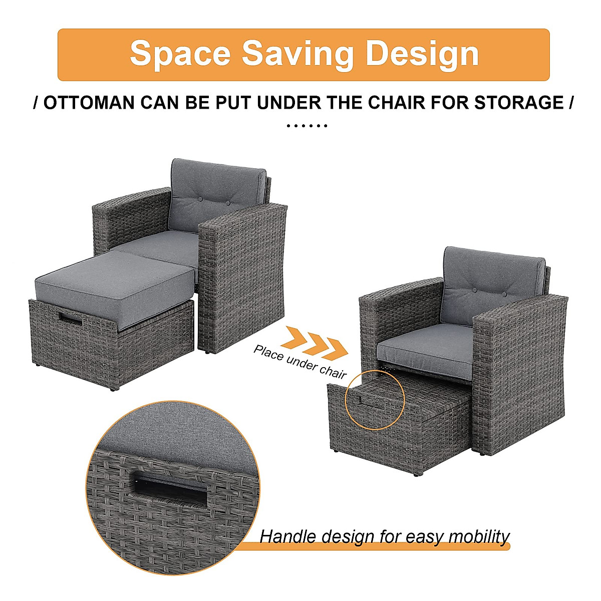 Super Patio 5 Piece Wicker Outdoor Sofa Set, Patio Conversation Set with Ottoman Set, Outdoor Couch Set with Tempered Glass Side Table for Poolside, Front Porch, Deck, Garden, Gray Wicker