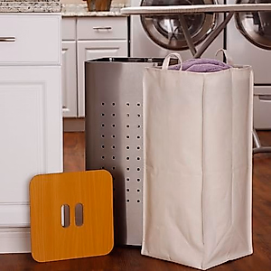 Household Essentials 7080-1 Square Metal Laundry Hamper -Removable Liner Bag and Wood Lid - Stainless Steel