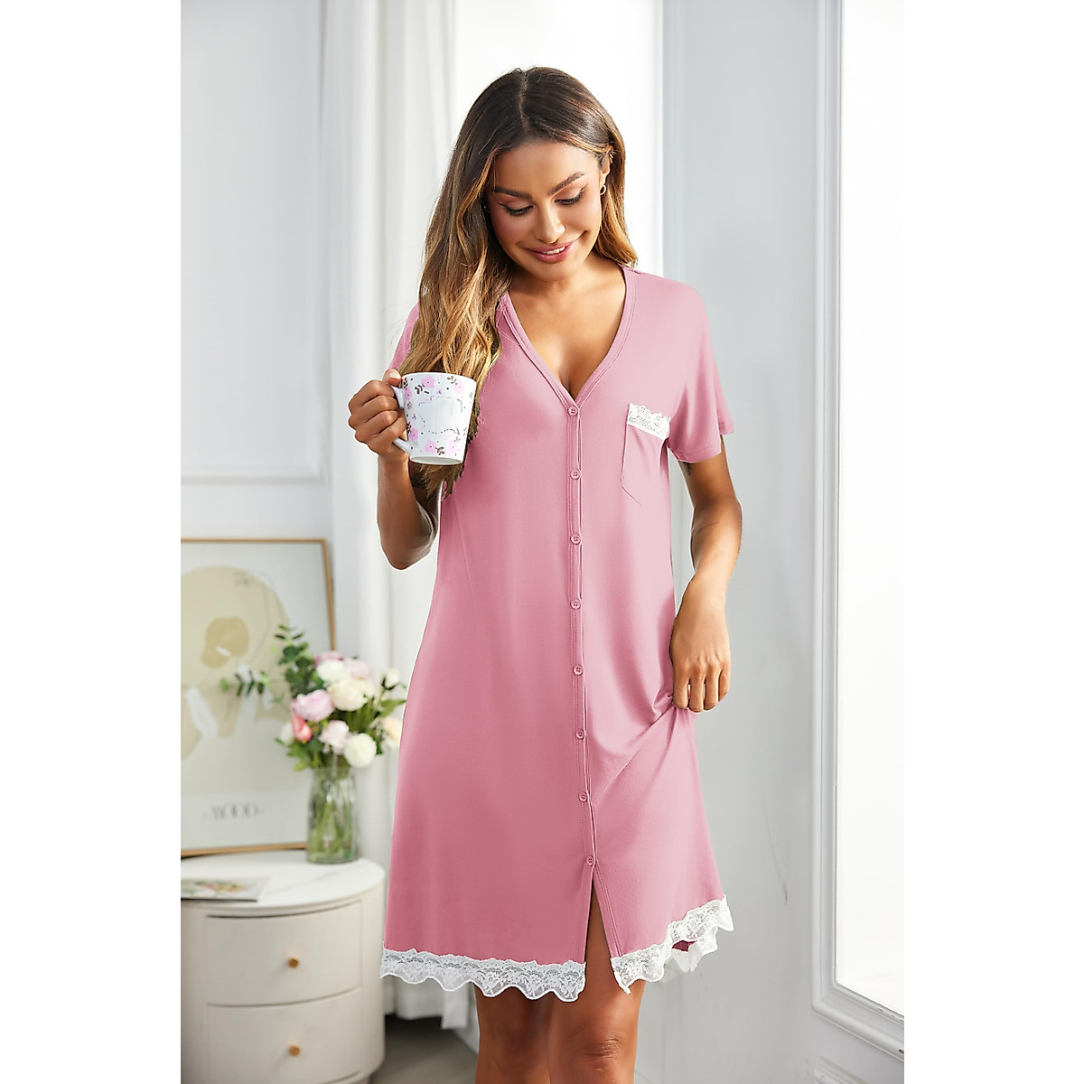 Ekouaer Ladies Night Gown Deep V Neck Short Sleeve Nightshirts Pj Dress Button Pajama Dress Pink