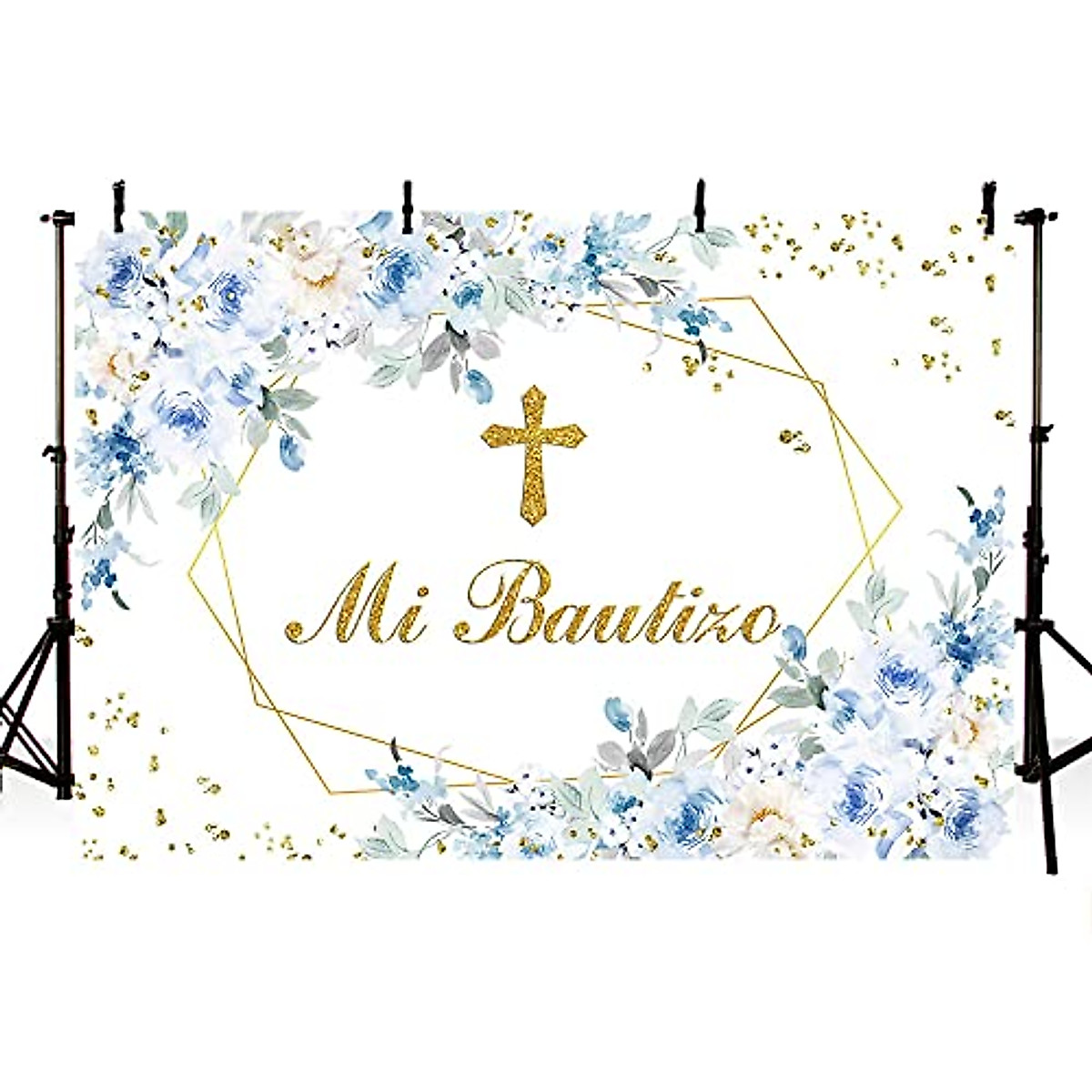 ABLIN 7x5ft Mi Bautizo Backdrop Mexican Baptism Party Decorations God Bless Boy First Holy Communion Banner Blue Flower Background Christening Newborn Baby Shower Decor Props, CQ304