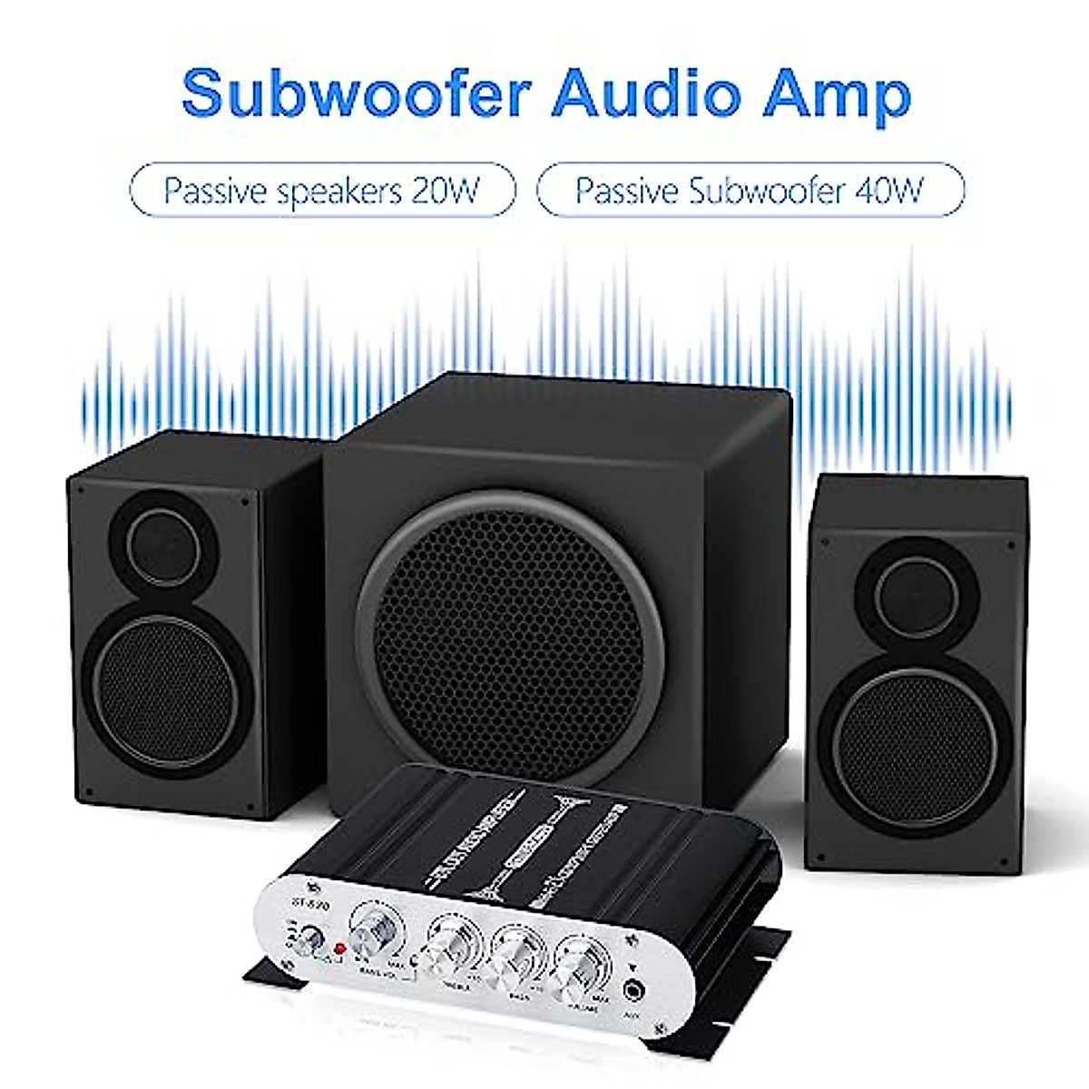 ST-838 2.1CH HiFi Audio Amplifier RMS 20Wx2+40W Stereo Amplifier with Subwoofer Output Class D Mini Digital Power Amplifier Receiver with AUX for Home,Car Speakers,Black (Power Supply not Included)