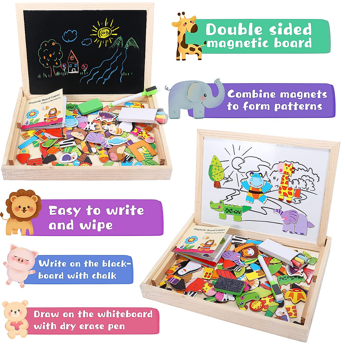 Lewo Wooden Educational Toys Magnetic Art Easel Animals Wooden Puzzles Games for Kids