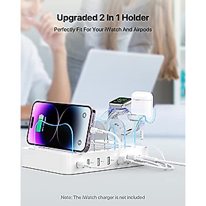SooPii 60W 6-Port Charging Station for Multiple Devices, PD 20W USB C Fast Charging for lPhone 14/13/12,6 Short Cables Included, 2 in 1 Holder,for Phones,Tablets and Others,White
