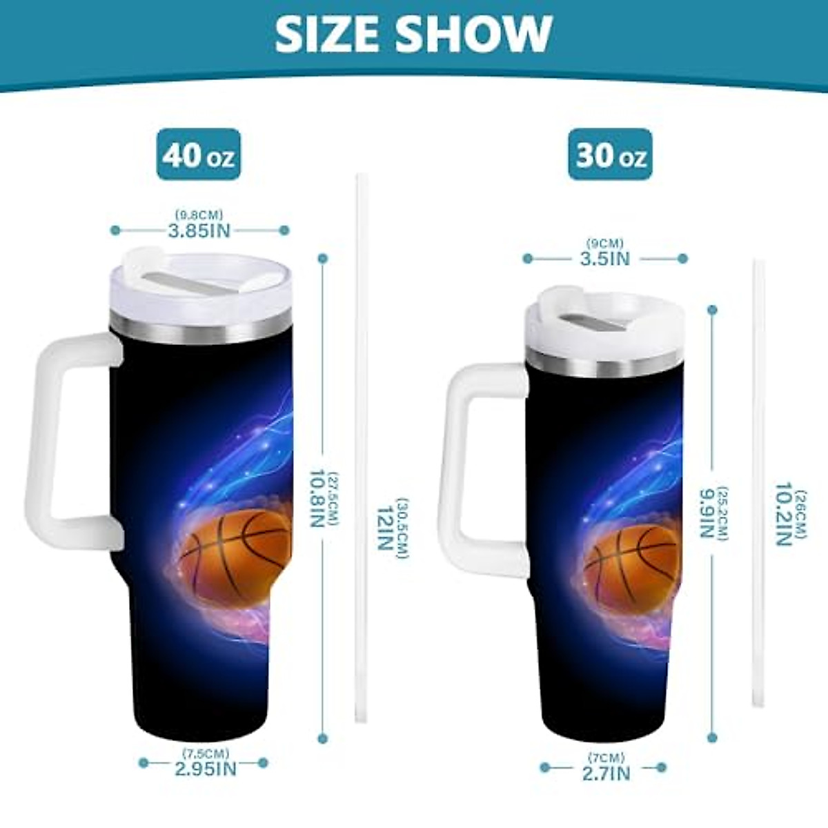 Caikeny Insulated Tumblers with Lid and Straw Basketball Ball 30 oz Reusable Stainless Steel Cup Flames Lights Water Bottle Coffee Travel Tumbler Mug for Women Men