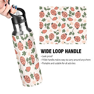 ALAZA Ladybug Strawberry Flower Leaves Water Bottle with Straw Lids Boys Girls,Vacuum Insulated Leakproof Stainless-Steel Sports Bottle Thermal Flask for Gym Yoga Camping,20oz (600ml)