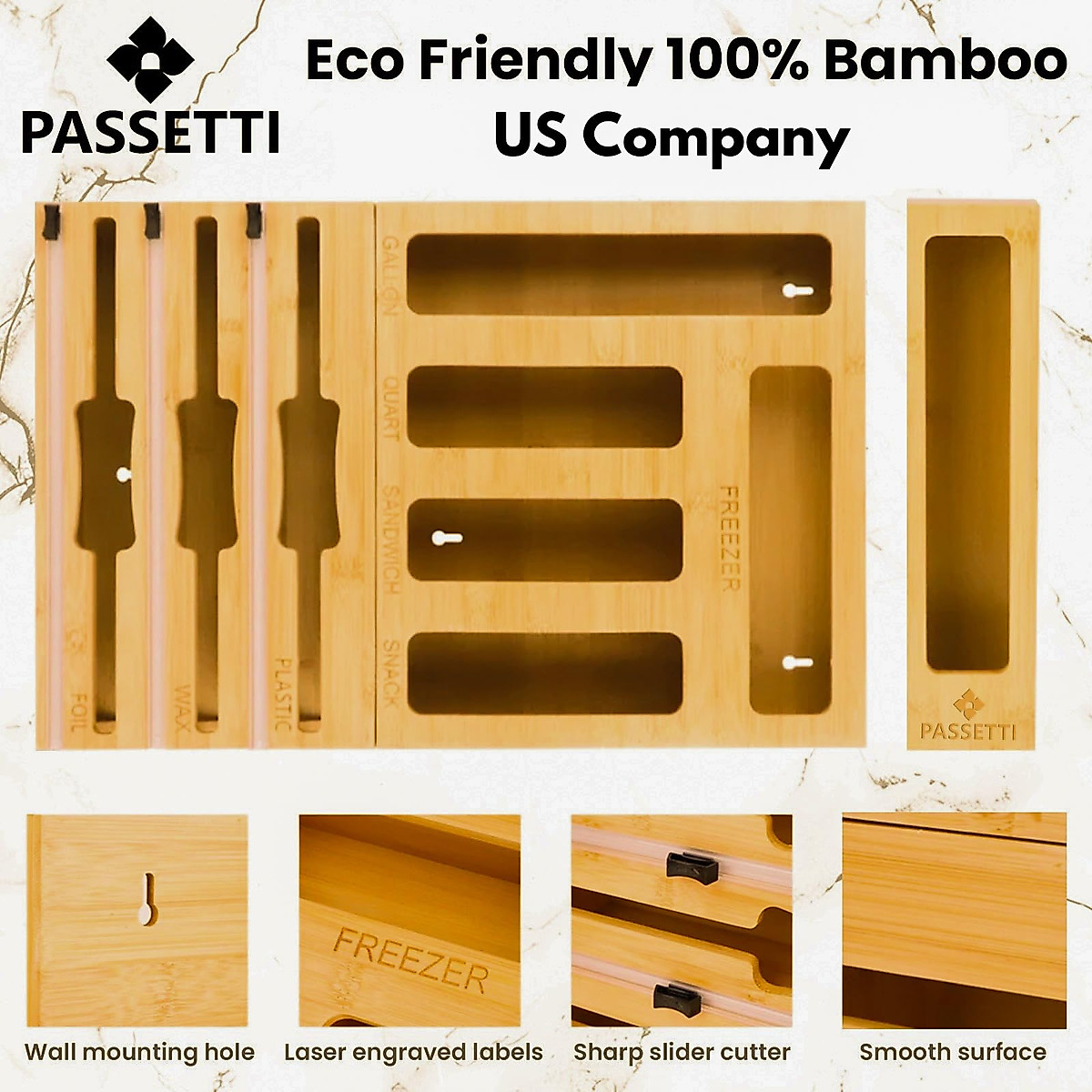 PASSETTI Bamboo Drawer Organizer for Storage Bag, Foil and plastic Wrap Organizer with Sharp Cutter, Storage Compatible with Gallon, Quart, Sandwich, Snack Bags and 12" Aluminum Foil & Wax Paper