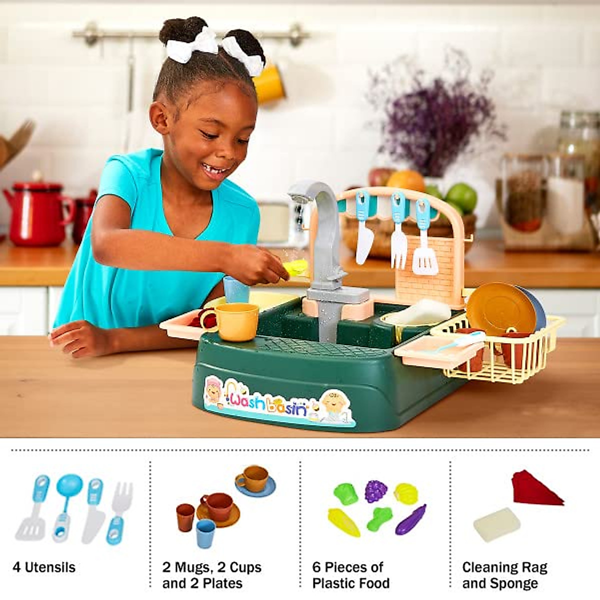 Hey! Play! Play Kitchen Set for Kids – Functional Sink Water Toy with Automatic Cycling System – Dishwashing Playset with Fun Accessories