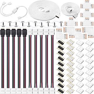 5050 4 Pin RGB 10mm LED Strip Connector Kit RGB Extension Cable, LED Strip Jumper, 2 Way RGB Splitter Cable, L Connectors, T Connector, Gapless Connectors, 4 Pin Male Connector, LED Strip Clips
