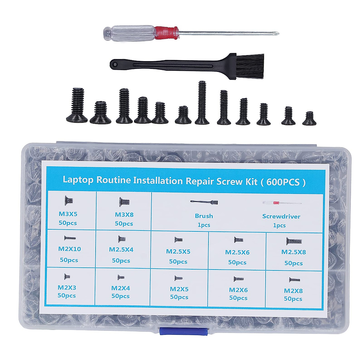 Computer Screws 600Pcs Computer Screw Set, Flat Head Carbon Steel M2 M2.5 M3 with Brush Screwdriver Tool Set Kit for Hard