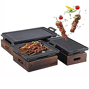 Helikim Portable BBQ Grill, Japanese-Korean Household Wooden Alcohol Stove BBQ Grill with Wooden Base for Indoor Dining Table, Camping, Outdoor Garden BBQ,23cm