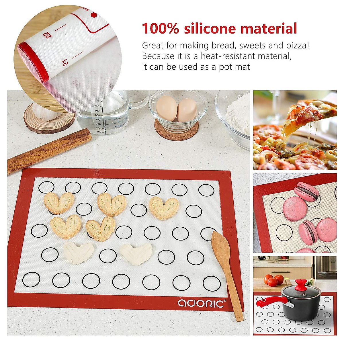 Silicone Pastry Mat 16x24 with Measurements，2 Pack Non-Stick Baking Mat Non-slip Dough Rolling Mat, Reusable Silicone Counter Mat for Making Cookies,Macarons,Bread and Pastry