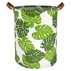 HIYAGON Laundry Baskets,Collapsible Hamper, Canvas Fabric Laundry Hamper,for Toy Organizer Bins,Gift Baskets, Bedroom, Clothes, Nursery,Kids,Boys (Green Leaf)