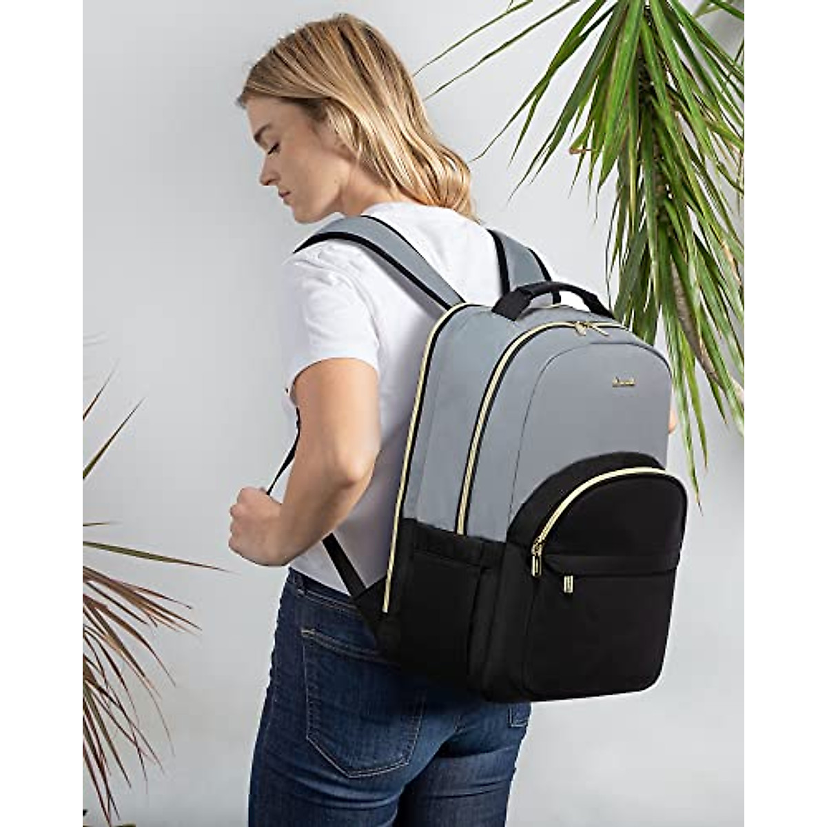 LOVEVOOK Laptop Backpack for Women, Travel Backpack Light Weight, Large Capacity Computer Backpack Purse for Work, Casual Daypack with USB Charging Hole(Black-Grey-1,15.6 Inch)