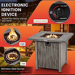 HAPPYGRILL 28” Propane Fire Pit Table, 40,000 BTU Outdoor Propane Gas Fire Table with Wood-Like Tabletop, Lid and Lava Rocks, Square Auto-Ignition Propane Firepit with PVC Cover