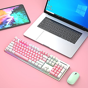 MageGee Wireless Gaming Keyboard, Rechargeable RGB LED Backlit Quiet Keyboard with Sidelight & Metal Panel, V510 2.4G Wireless Ergonomic Waterproof Office Keyboard, White and Pink