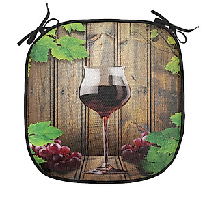 Lunarable Winery Chair Cushion Pads Set of 4, Wine Glasses and Grapes Rustic Wood Planks Alcoholic Drink Gourmet Taste, Anti-Slip Seat Padding for Kitchen & Patio, 16"x16", Brown Green Burgundy