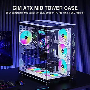 GIM ATX Gaming PC Case, 270° Full View Tempered Glass, 360MM RAD Support, Mid Tower Computer Case with Front Panel RGB Strip, USB 3.0 I/O Port & 2 Magnet Dust Filter, Fans are Not Included (White)