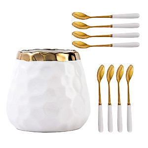 Tregoer Coffee Spoon Set,Ceramic Jar with 8 Small Spoons for Coffee,Tea,Ice Cream,Cake,Flatware Set (White gold jar+8 spoons)