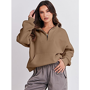ANRABESS Womens Half Zip Sweatshirts Oversized Crop Pullover 2024 Winter Y2K Fleece Hoodie Sweater Teen Girls Fall Clothes Brown Large