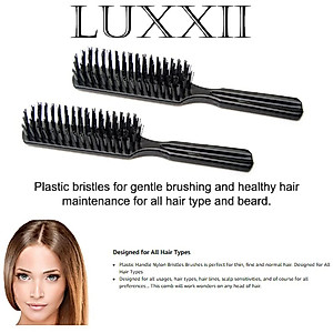 LUXXII (Pack 2) 7.5" Pocket Plastic Handle Nylon Bristles Brushes Hair Comb Designed for All Hair Types (Black)