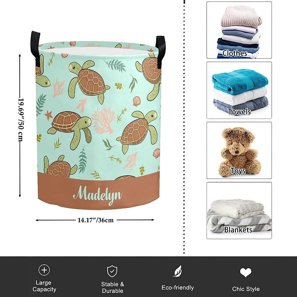 Personalized Laundry Basket Hamper,Cute Sea Turtle,Collapsible Storage Baskets with Handles for Kids Room,Clothes, Nursery Decor