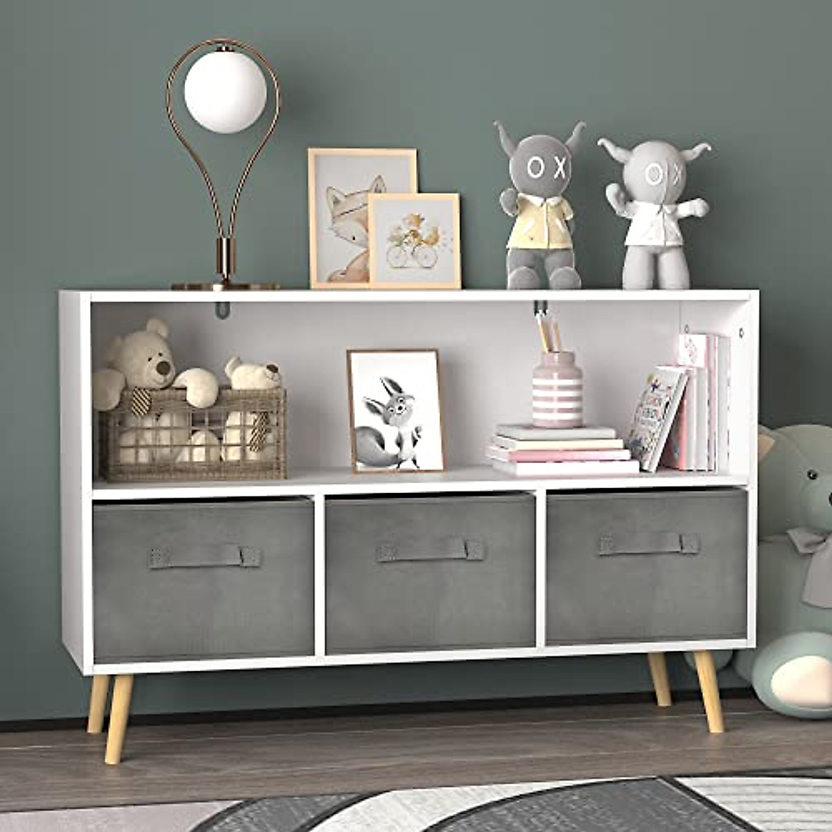Toy Organizers and Storage,Kids Bookcase with Collapsible Fabric Drawers,Wooden Storage Cabinets & Shelves,Toddler Book Shelf for Bedroom,Playroom,Livingroom (Grey)