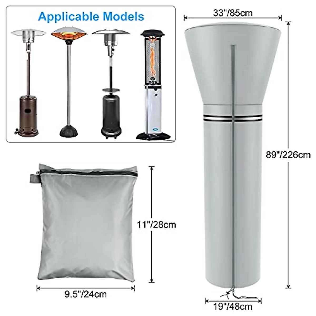 CKE Upgraded 600D Heavy Duty Waterproof Patio Heater Cover Oxford Fabric Waterproof with Zipper, Stand Up Outdoor Round Heater Covers 89'' Height x 33" Dome x 19" Base, Premium Plaid Grey