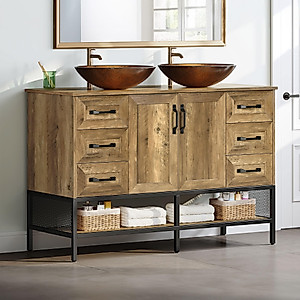 DWVO 48" Double Rustic Bathroom Vanity, Dark Brown Bathroom Vanity with Double Sink and Drawers Side Cabinet Combo Set & Shelf, Iron Wood Bathroom Cabinet with Boat Tempered Glass Vessel Sink
