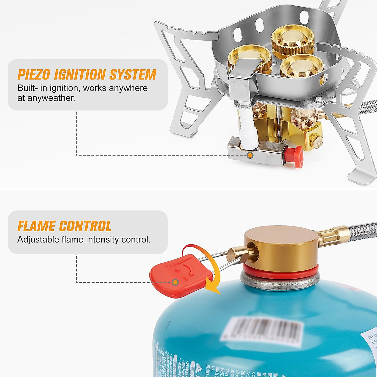 WADEO 6800W Windproof Camping Gas Stove, Small Camping Stove with Piezo Ignition, 1LB Propane Tank Adapter, Butane Adapter for Outdoor Cooking, Picnic, Camping and Hiking