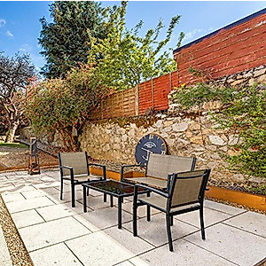 Flamaker 4 Pieces Patio Furniture Outdoor Furniture Set Textilene Bistro Set Modern Conversation Set Black Bistro Set with Loveseat Tea Table for Home, Lawn and Balcony (Yellow)