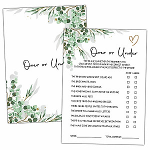 Bridal Shower Party Games, Over Or Under Minimalist Wedding Shower Game for Adults, 25 Eucalyptus Greenery Engagement Party Games Cards (5" X 7"), Bachelorette Party Supplies Decorations -02