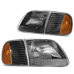 DWVO Headlight Assembly Compatible with 1997-2003 Ford F-150 Pickup/1997-2002 Ford Expedition Headlamp with Corner Light Black Housing Amber Reflector