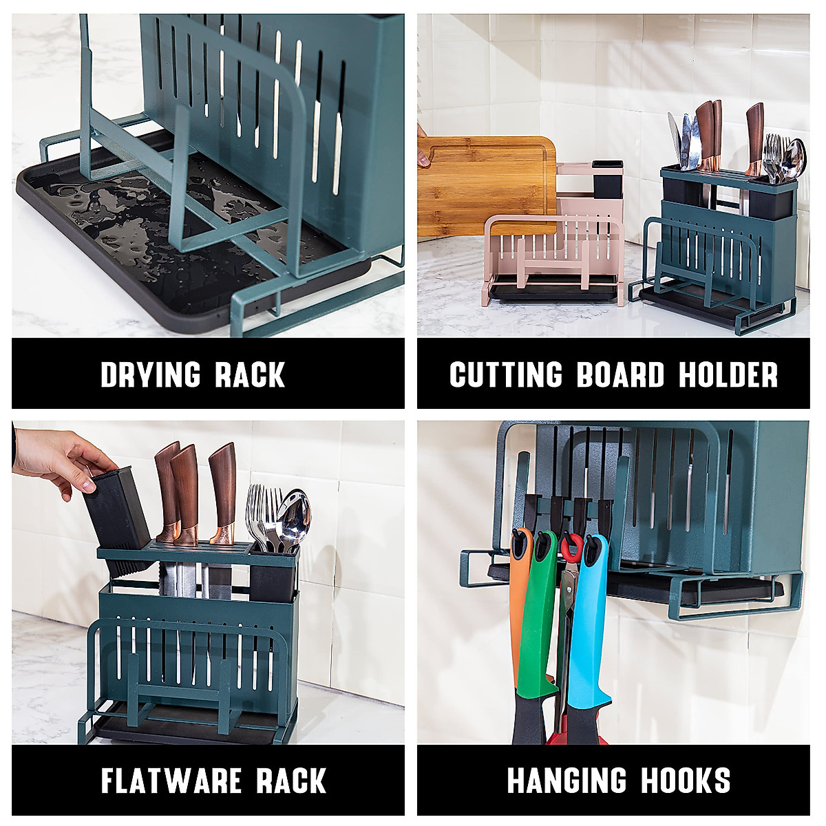 5 in 1 Knife Holder, Toooi Multifunctional Wall Mount Knife Blocks, Cutting Board Pot Lid Holder Countertop Organizer, Kitchen Storage Accessories, Tableware Flatware Caddy Utensil Holder, Pink