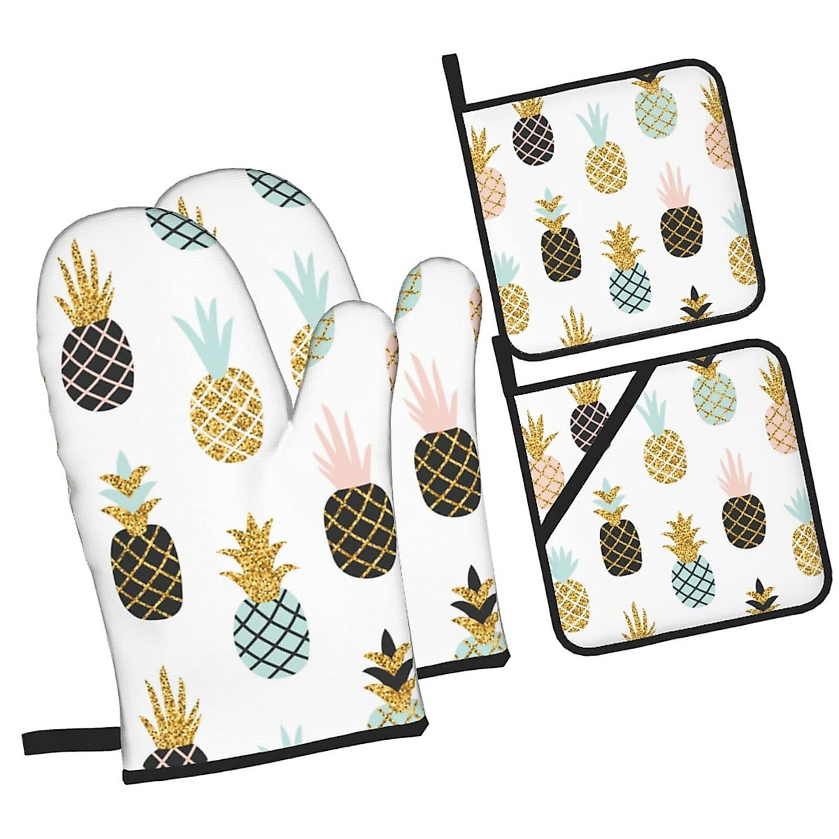 Abstract Tropical Fruit Pineapple Oven Mitts and Pot Holders Sets of 4,Non-Slip Heat Resistant Oven Gloves for Baking Cooking Grilling BBQ
