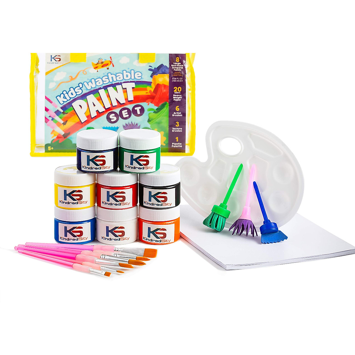 Washable Paint for Kids Set with Classic and Glitter Non-Toxic Tempera Paint Colors, Brushes, Paper & Palette – Perfect Art Supplies Kit for Painting, Crafts, and Gifts