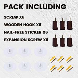 HYBDAMAI Natural Wooden Wall Mounted Hooks (2 Ways,Brown,6 Packs), Single Coat Hat Rack Wall Mount,for Hanging Coat Towel Cap Bag Purses Jacket Backpack