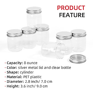 OMNISAFE 8 Ounce Clear Plastic Mason Jars With Screw On Lid, Reusable Empty Jars for Food Storage, Round BPA Free Containers for Sealing, Dry Food, Snacks, Candies, Breakage-proof, (Silver - 32 Pack)
