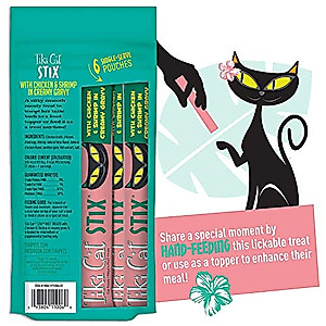 Tiki Cat Stix Wet Mousse Single-Serve Treats in 3-Flavor Bundle: 1 Tuna and Scallops, 1 Duck and 1 Chicken and Shrimp (3 Packs Total, 6 Stix per Pack, 18 Stix Total) Plus Shaynanigans Silicone Lid