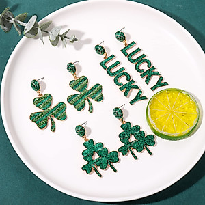 Vogueknock St Patricks Day Earrings Glitter Green Leaf Lucky Earrings for Women Sparky Shamrock Clover Drop Dangle Earrings Irish Holiday Party Jewelry Gifts (Green Lucky Shamrock)