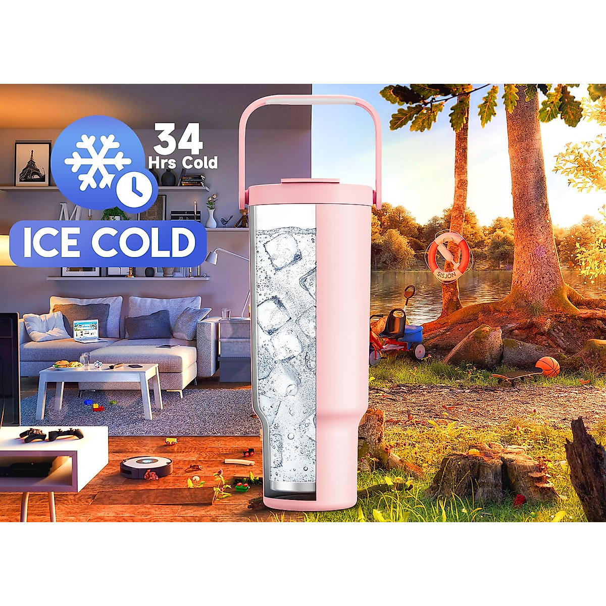 Meoky 40 oz Tumbler with Handle and Straw, Insulated Water Bottle, Stainless Steel Travel Mug, Keeps Cold for 34 Hours, 100% Leak Proof, Fits in Car Cup Holder (Blush)