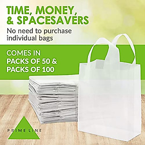 Prime Line Packaging - 8x4x10 Inch 100 Pack Plastic Bags with Handles, Small Gift Bags, Shopping Bags for Small Business, Clear Frosted White in Bulk for Boutiques, Retail Stores, Gifts & Merchandise