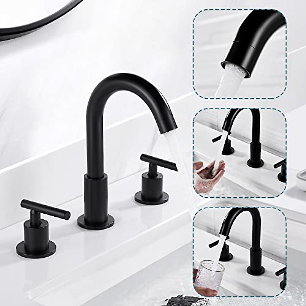 AIMOYO 2-Handle 8 inch Widespread Bathroom Sink Faucet, 3 Hole Matte Black Bathroom Faucet with 360°Swivel Spout, Pop Up Drain and High Arc, Modern Basin Faucet Mixer Taps, Deck Mount